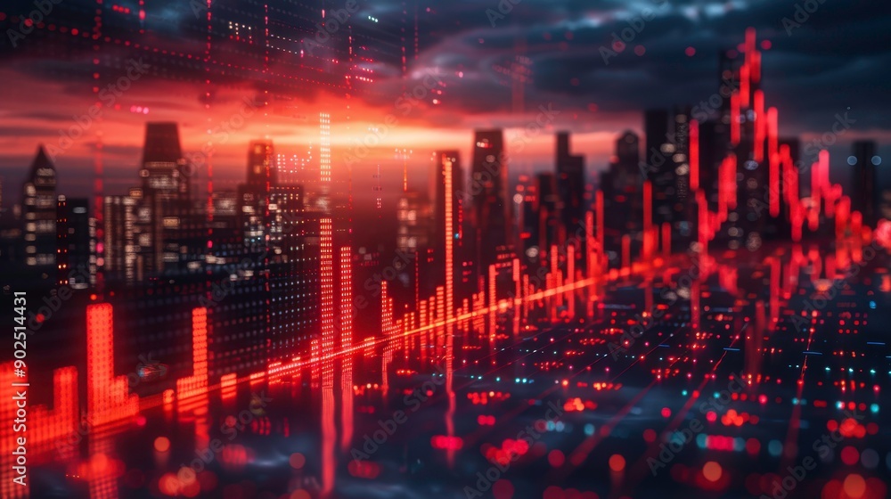 Stunning city skyline at sunset with digital financial charts overlaying the scene, representing ...