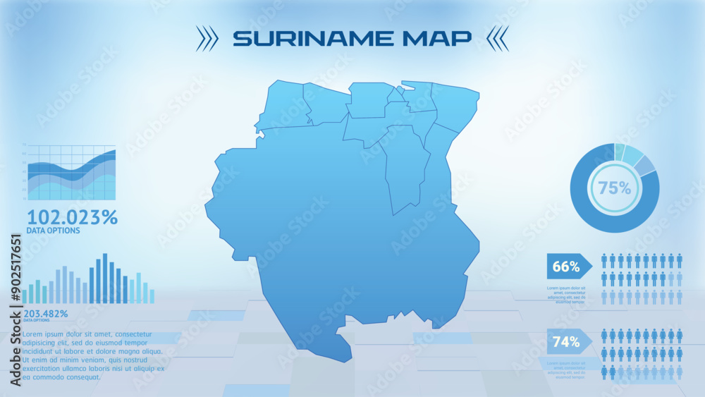 Blue Suriname Map with States, Political Suriname infographic map ...