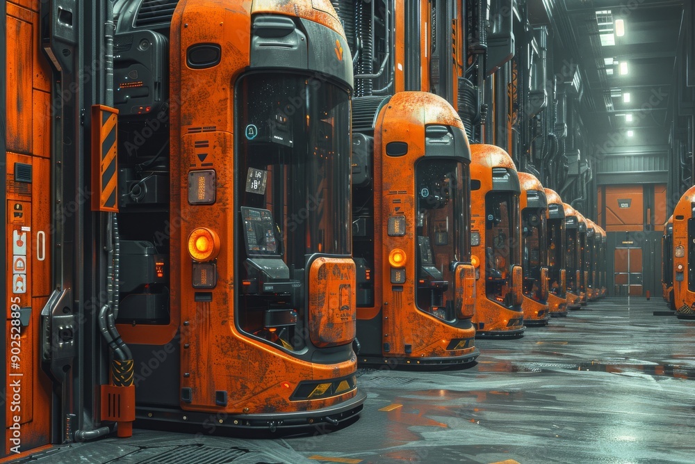 Futuristic logistics center, automated forklifts, digital inventory ...