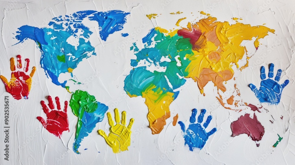 Colorful world map with painted handprints on white background Stock ...