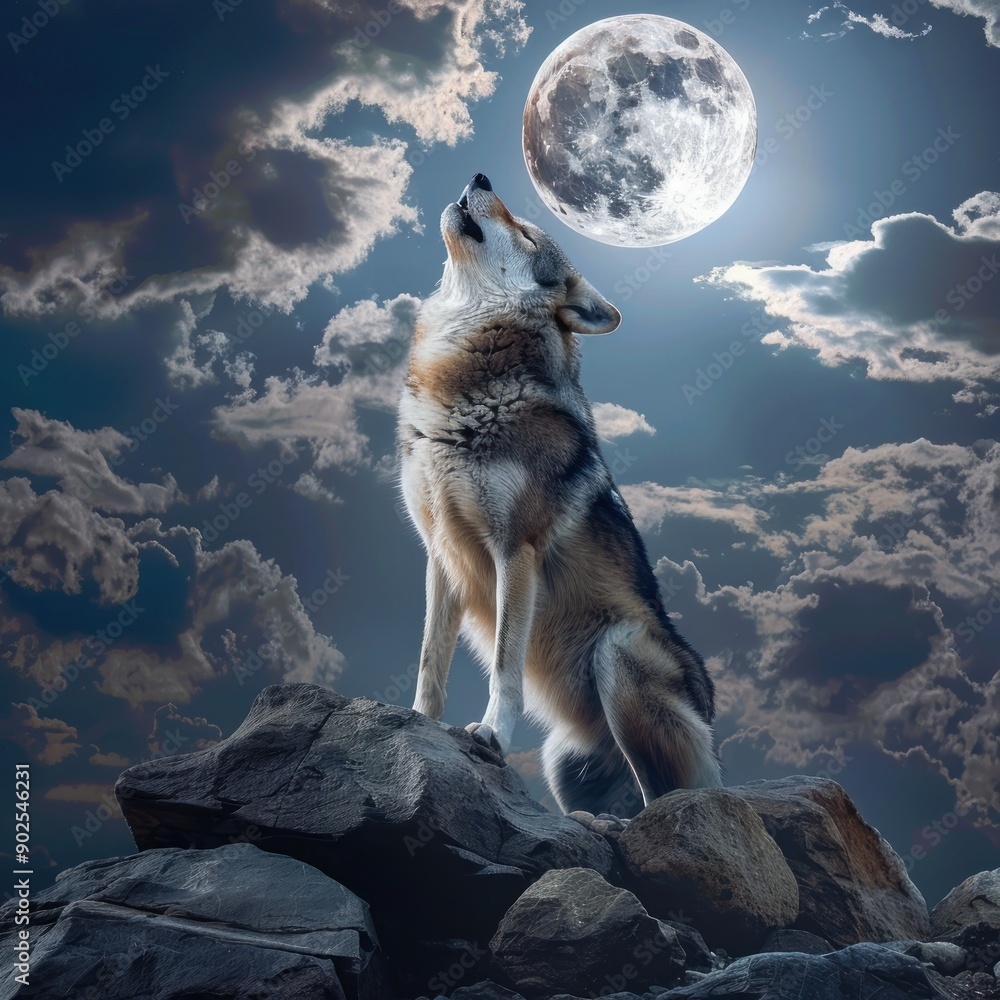 Majestic wolf howling at the moon on rocky terrain under a cloudy night ...