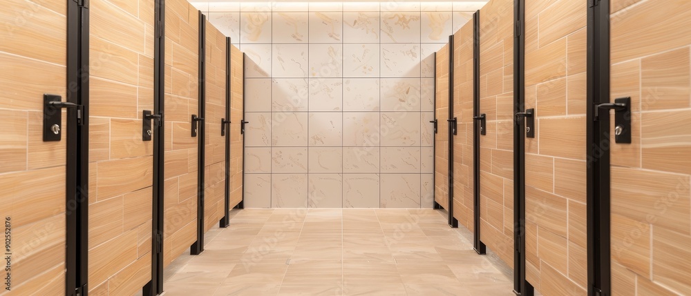 modern public restroom interior design with wooden stalls and black ...