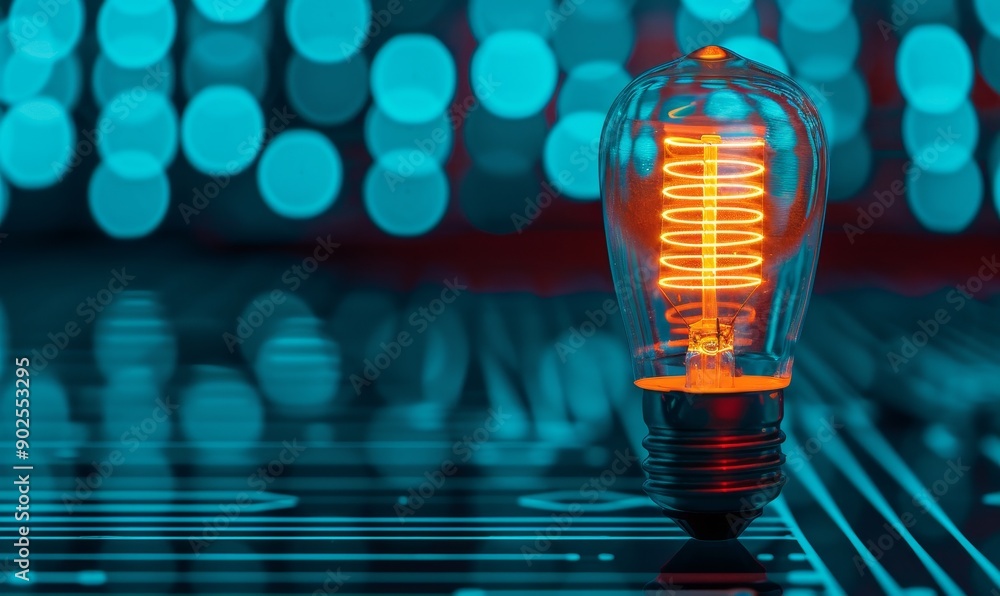 vintage light bulb with glowing filament on circuit board with blue ...