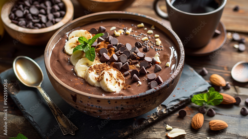 Fruit and chocolate smoothie in a deep bowl decorated with chocolate drops, banana, and crushed ...