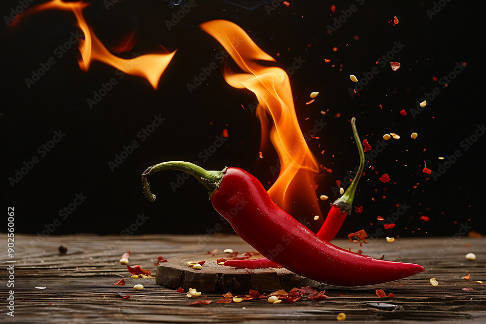 Ilustración de Stock Chilli peppers with fire, spicy chili. Fresh red ...