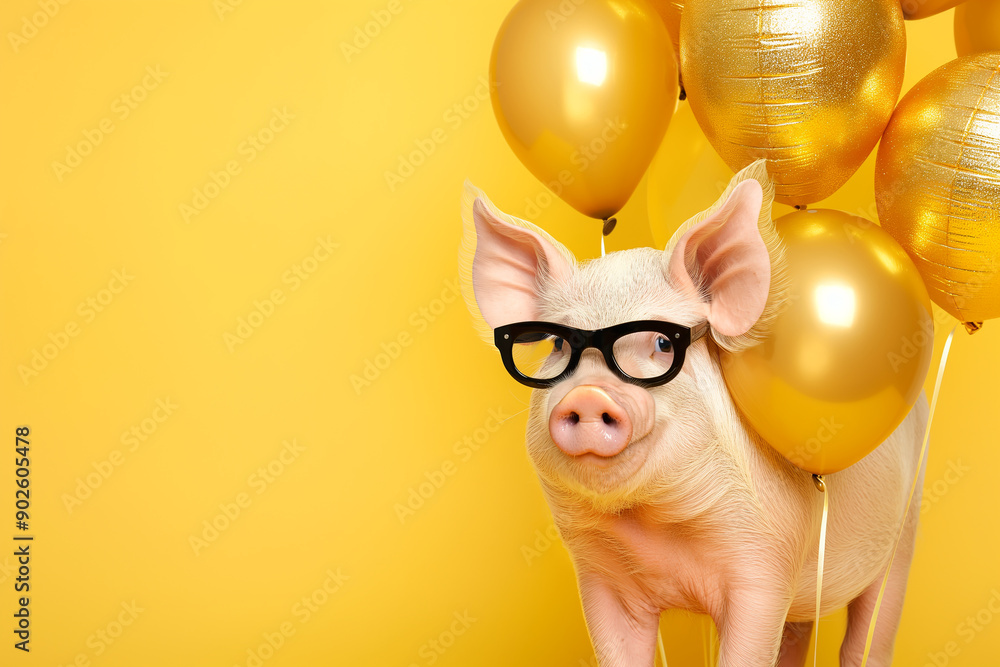 Pig with glasses and balloons Celebrating birthday on pastel yellow ...