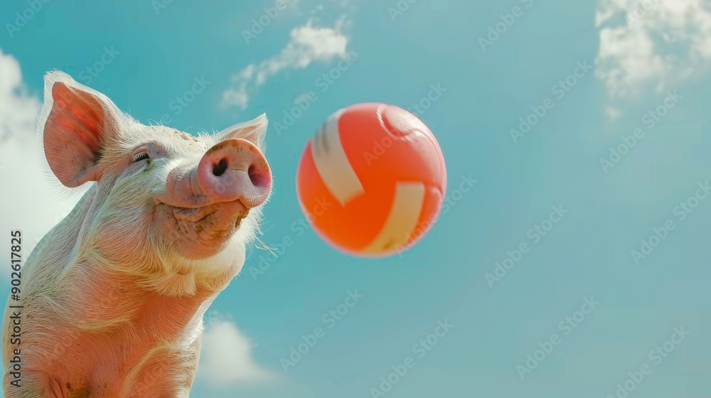 pig playing volleyball with an orange and white ball against a sky blue ...