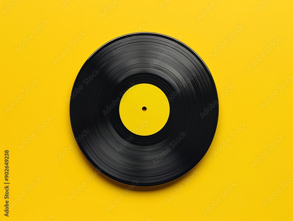 Black vinyl record on a bright yellow background, showcasing a ...