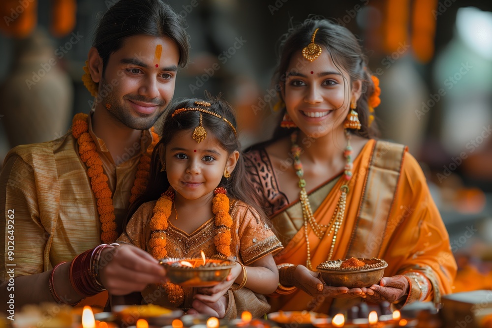 Family Celebrating Festival of Lights With Diyas in Traditional Attire ...