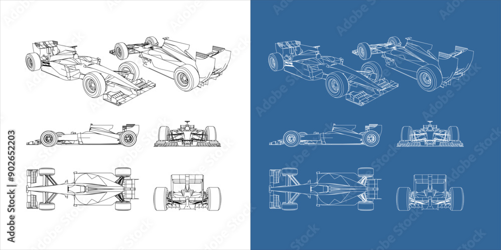 set of racing car line art draw blueprint wireframe from all side view ...