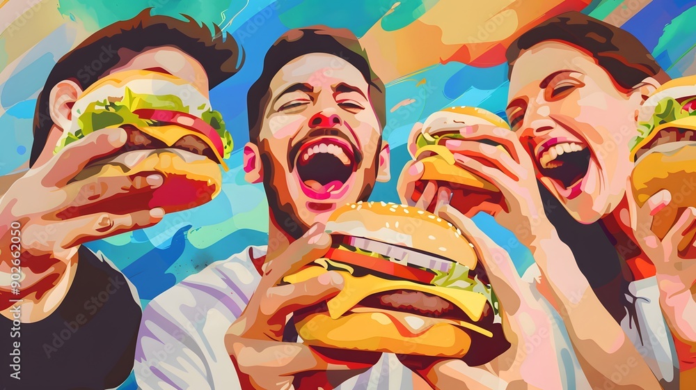 Four friends enjoy a delicious meal together, laughing and sharing ...