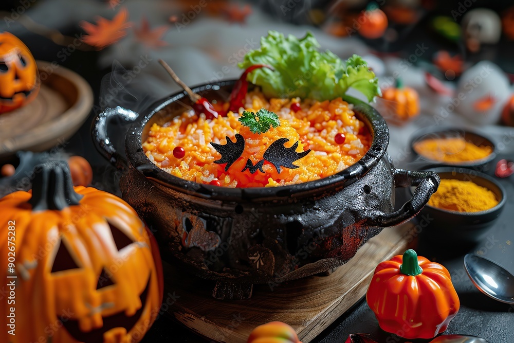 ภาพถ่าย Stock Cauldron curry with spooky rice shapes, Halloween menu ...