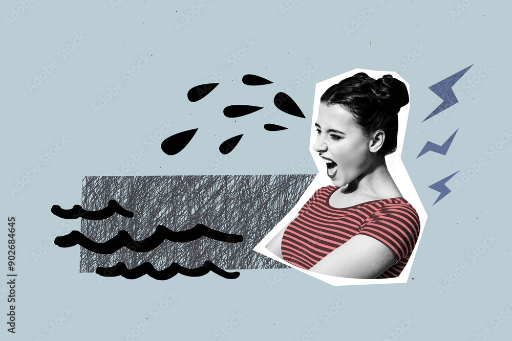 Composite collage picture image of crying girl depression waves sea ...