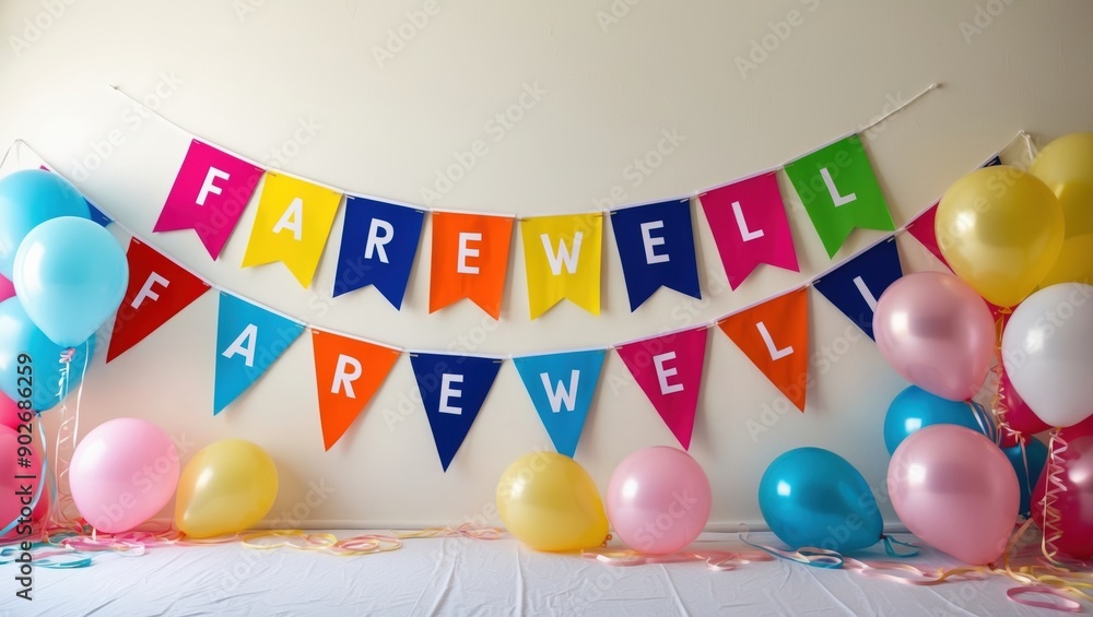 Colorful Farewell Party Decorations with Banners and Balloons の Stock ...