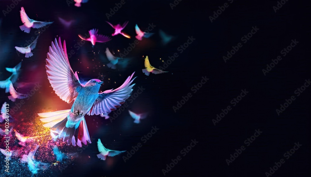 Flying birds images, colorful neon light birds and lens flare, overly ...
