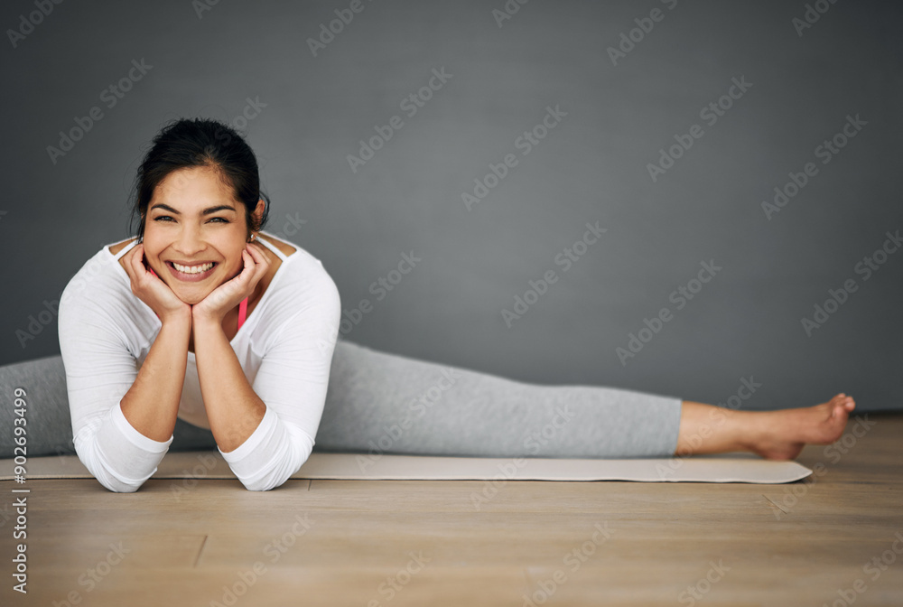 Woman, wellness and home portrait in splits, pilates and wall ...