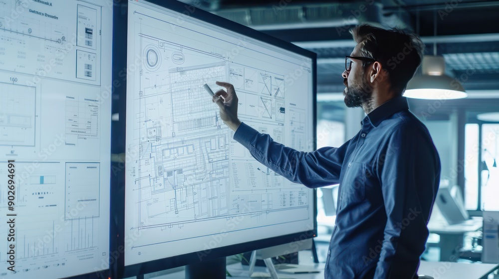 Architect reviewing architectural plans on a large digital screen in ...
