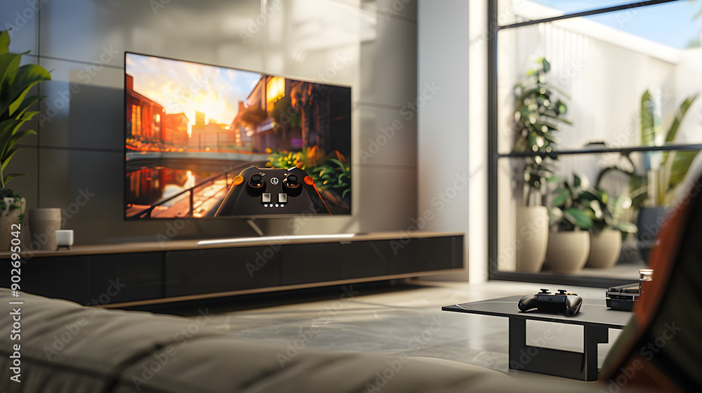 Entertainment setup with gaming console and big TV screen, creating the ...