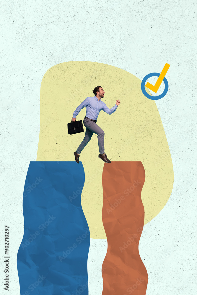 Vertical composite collage of young leader businessman running on ...