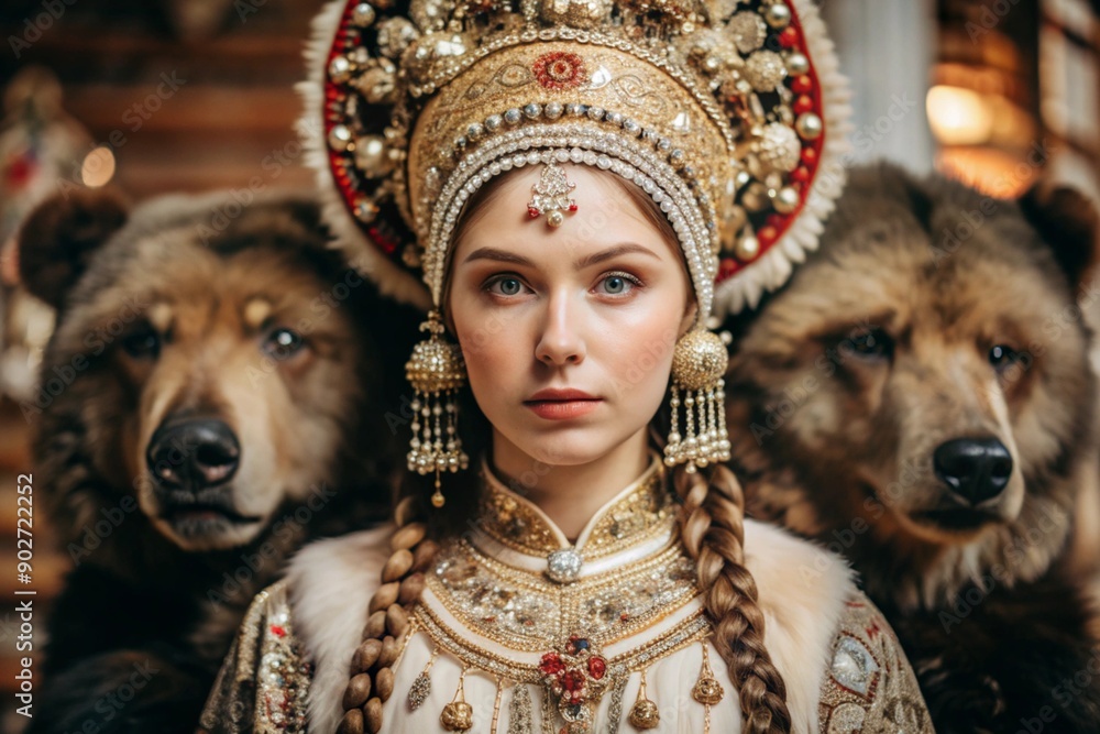 A beautiful girl in a traditional Russian national costume. Against the ...