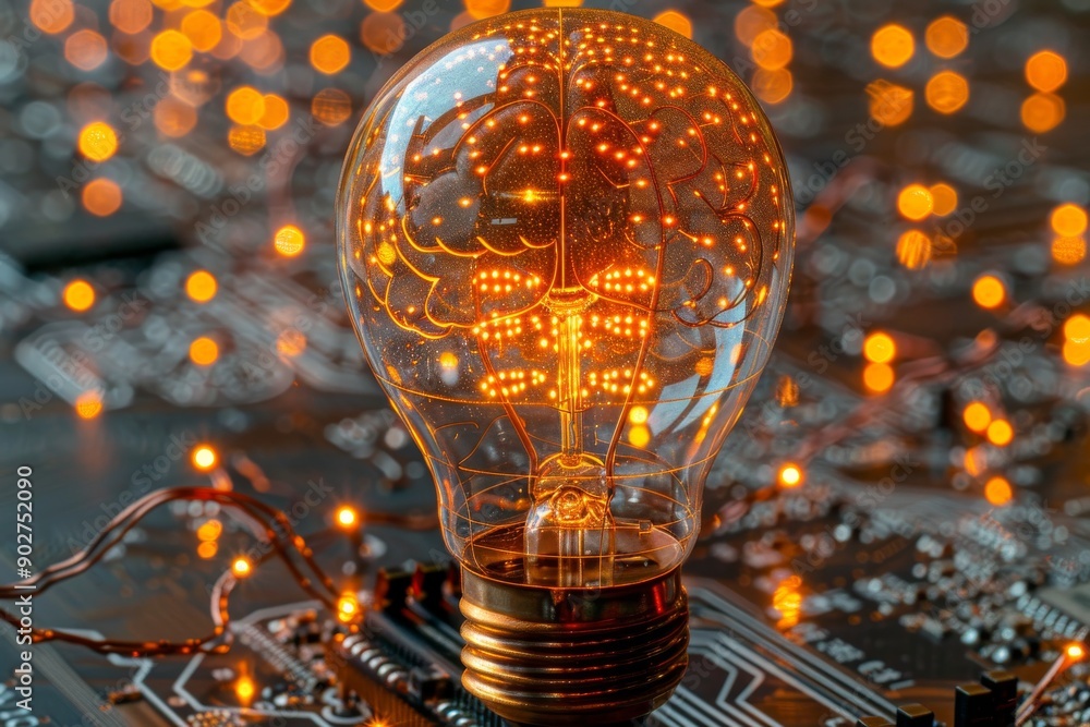 Lightbulb with brain filament on a circuit board representing creativity and technological ...