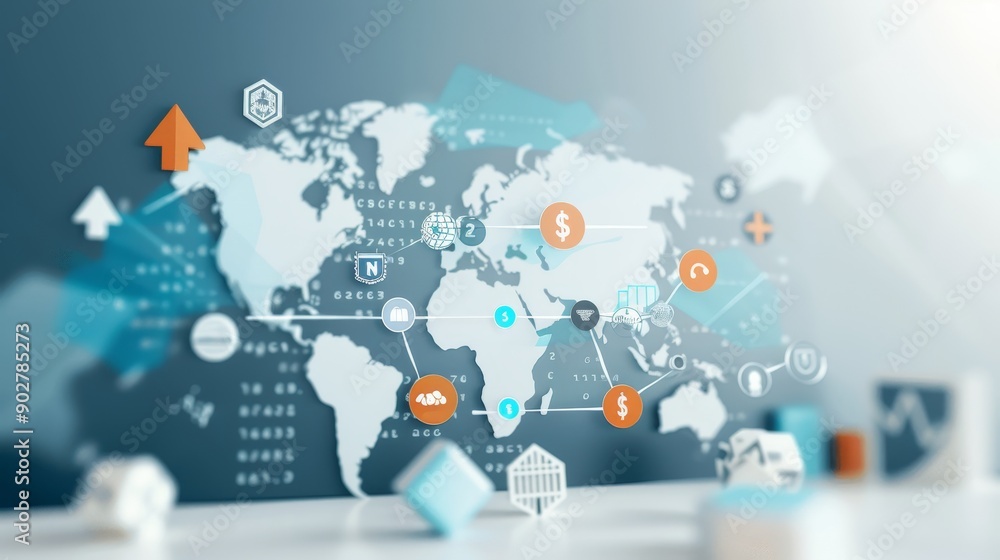 Global investment visualization with a world map, arrows towards ...
