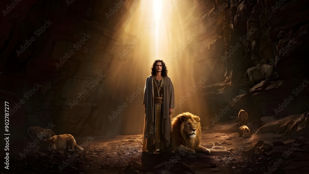 Daniel in the Lion's Den Surrounded by Calm Lions, Bathed in Divine ...