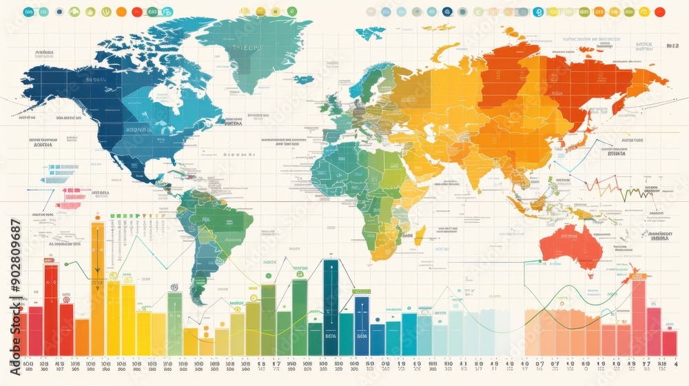 Colorful world map infographic with data visualizations, showcasing ...