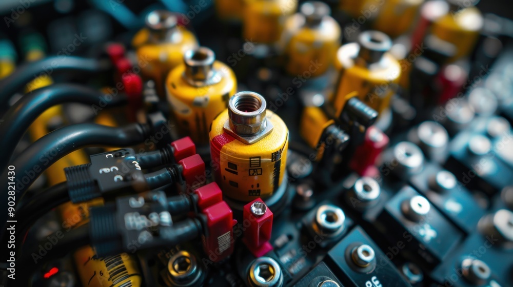 This close-up view showcases a set of automotive fuses and relays ...