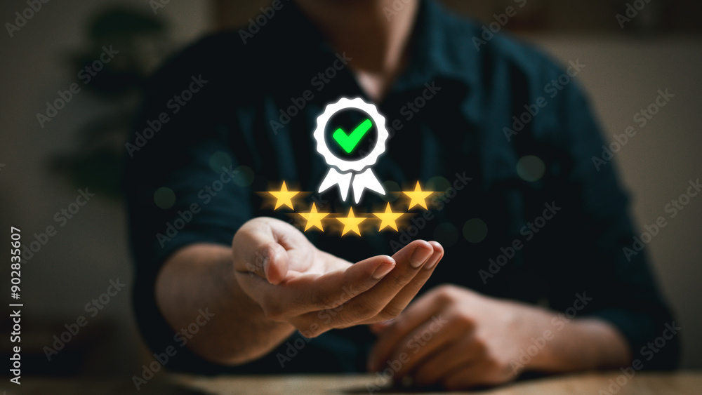 ISO standards quality control, Hand shows the sign of the top service ...