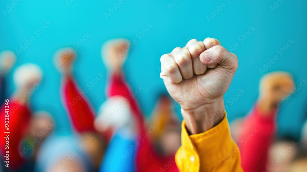 This lively image captures a crowd of individuals raising their fists ...