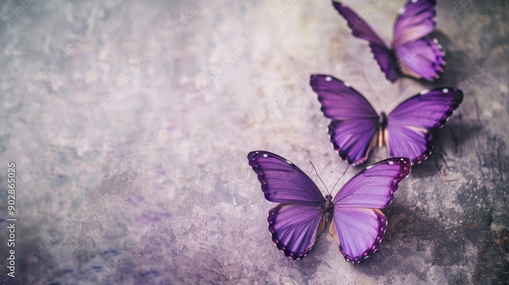 A row of purple butterflies are arranged in a line. The butterflies are ...