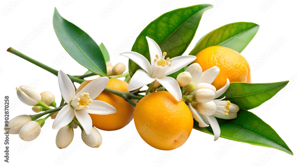 Twig of Neroli citrus with blossom and fruits isolated on white ...