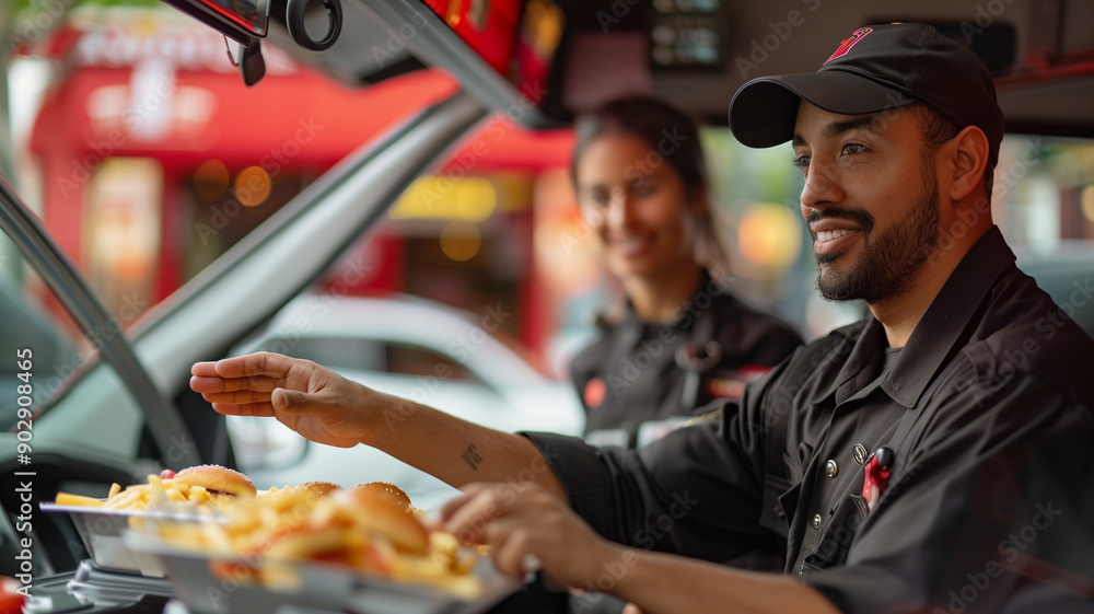 Hand WoMan in car receiving coffee in drive thru fast food restaurant ...