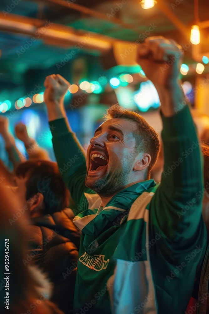 Caucasian man cheers passionately in a sports bar surrounded by a ...