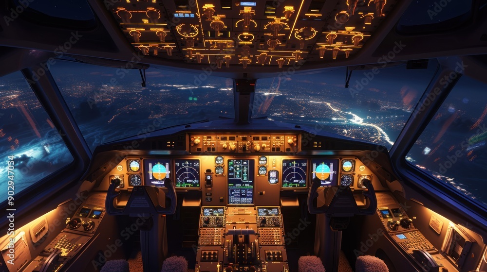 Cockpit pilot Flight Deck display. Throttle jet cabin with control ...