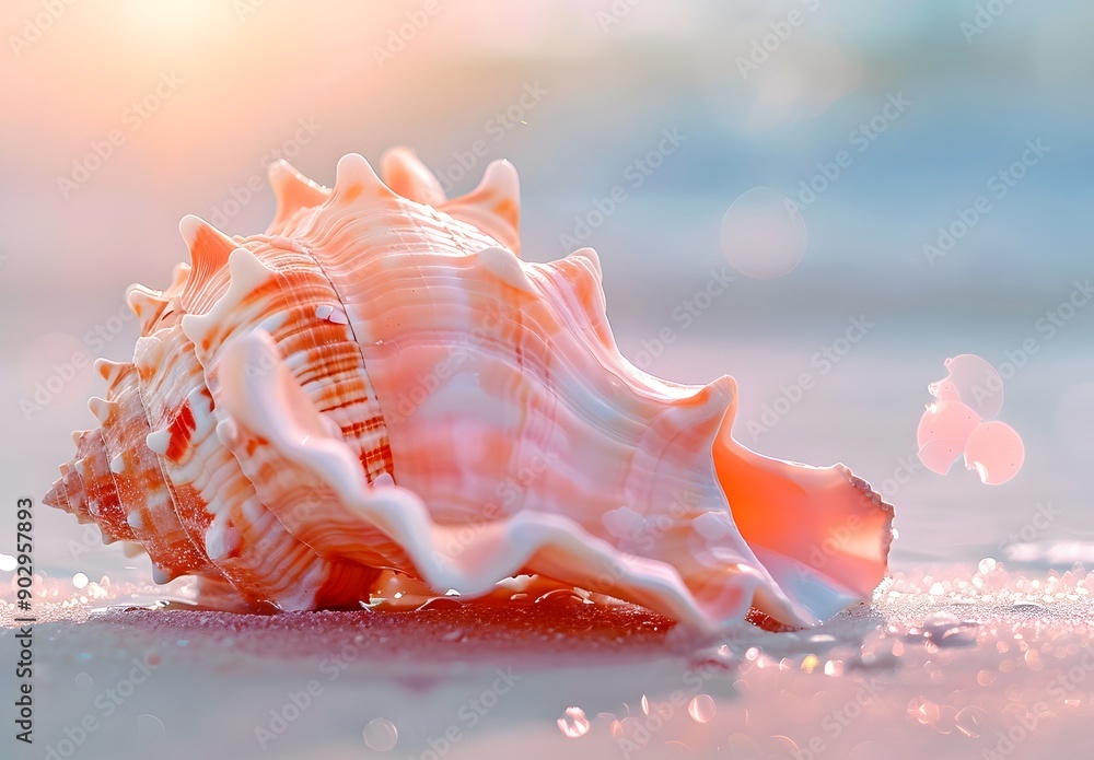 Beautiful pink conch shell on the beach, close up, pastel colors, light ...