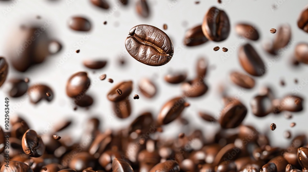 Energetic burst of coffee beans suspended in the air, set against a ...