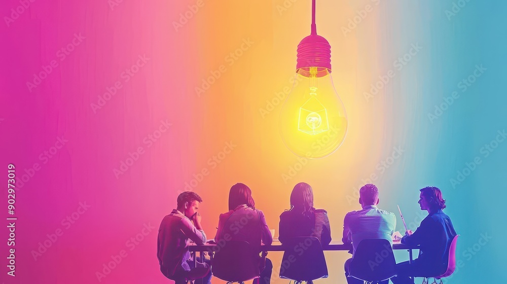 Business meeting with creative idea generation, right-aligned, pastel ...