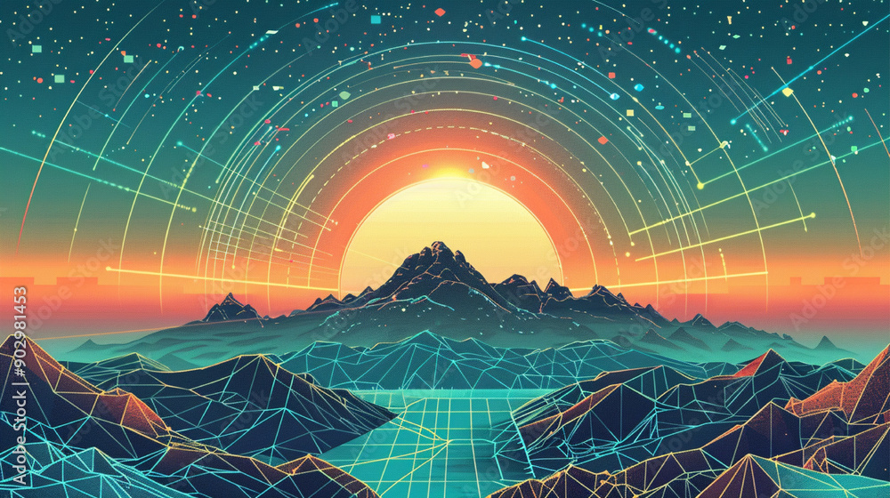 Futuristic retro landscape of the 80s featuring a vector illustration ...