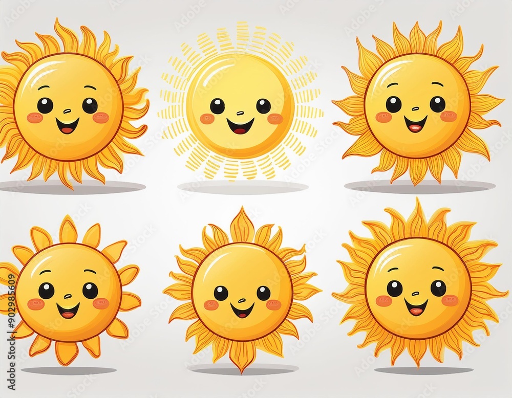 Cute Sun vector illustration set. Sun with different rays and emotions ...