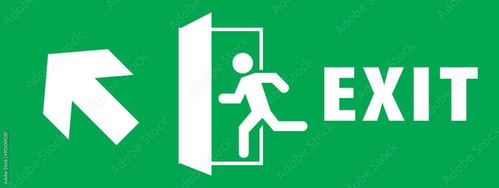 Emergency exit sign, running man icon to door, green color, arrow ...