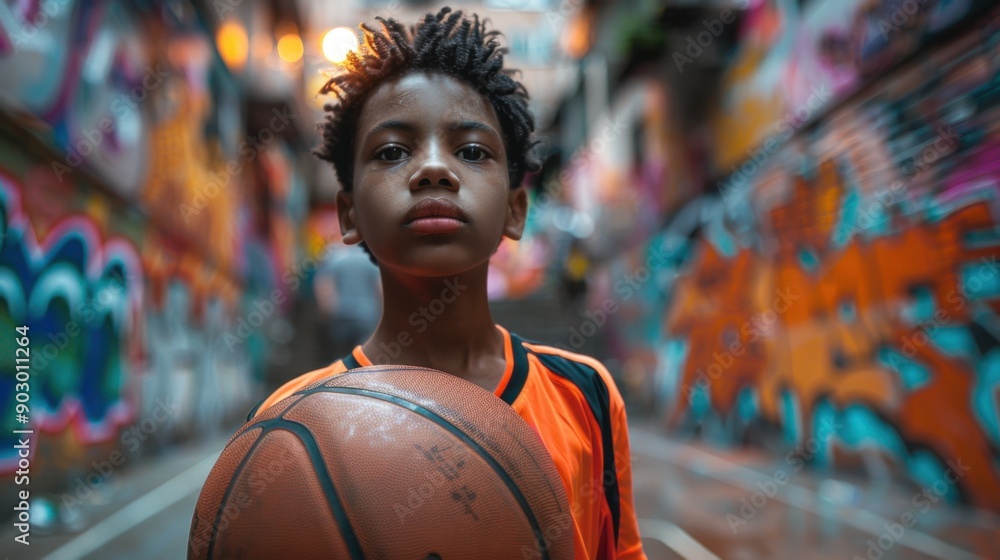 Brazilian teen boy holding a basketball in a dynamic pose on a brightly ...