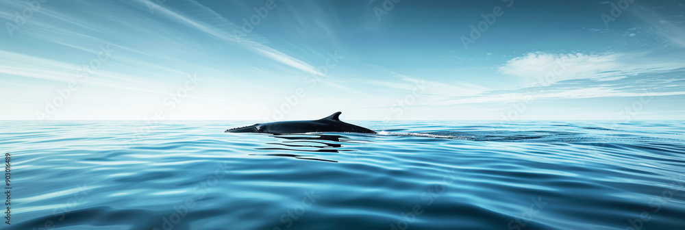 Serene image of a majestic whale swimming in a calm ocean, under a ...
