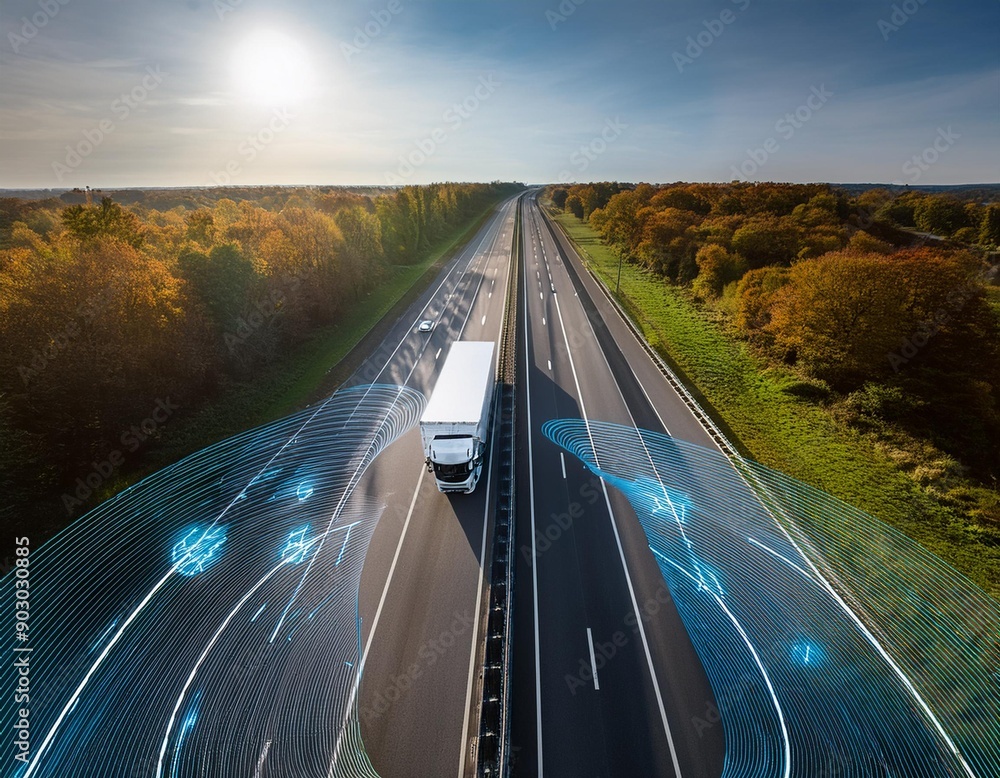Aerial view of autonomous truck driving on autopilot on a highway with ...