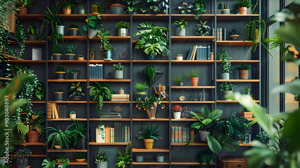 A contemporary-style bookshelf adorned with plants that serves as a ...