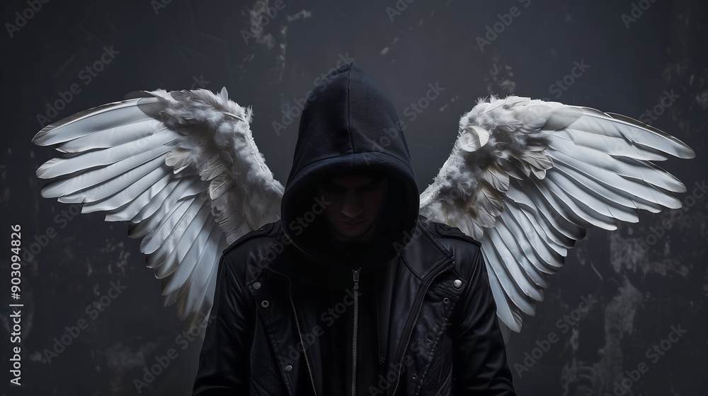 man in a black leather jacket with a hood on, with white angel wings ...