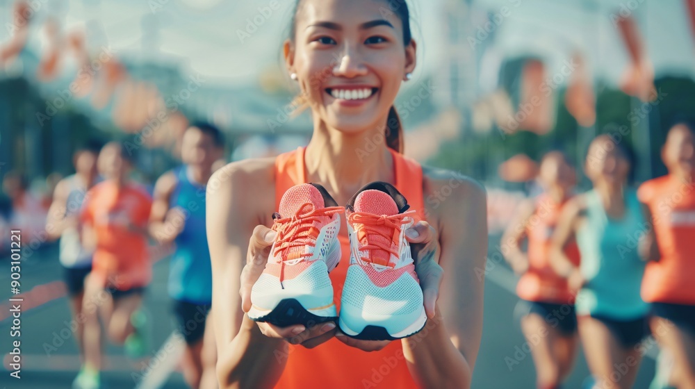 Excited female runner holding a pair of running shoes, with a marathon ...