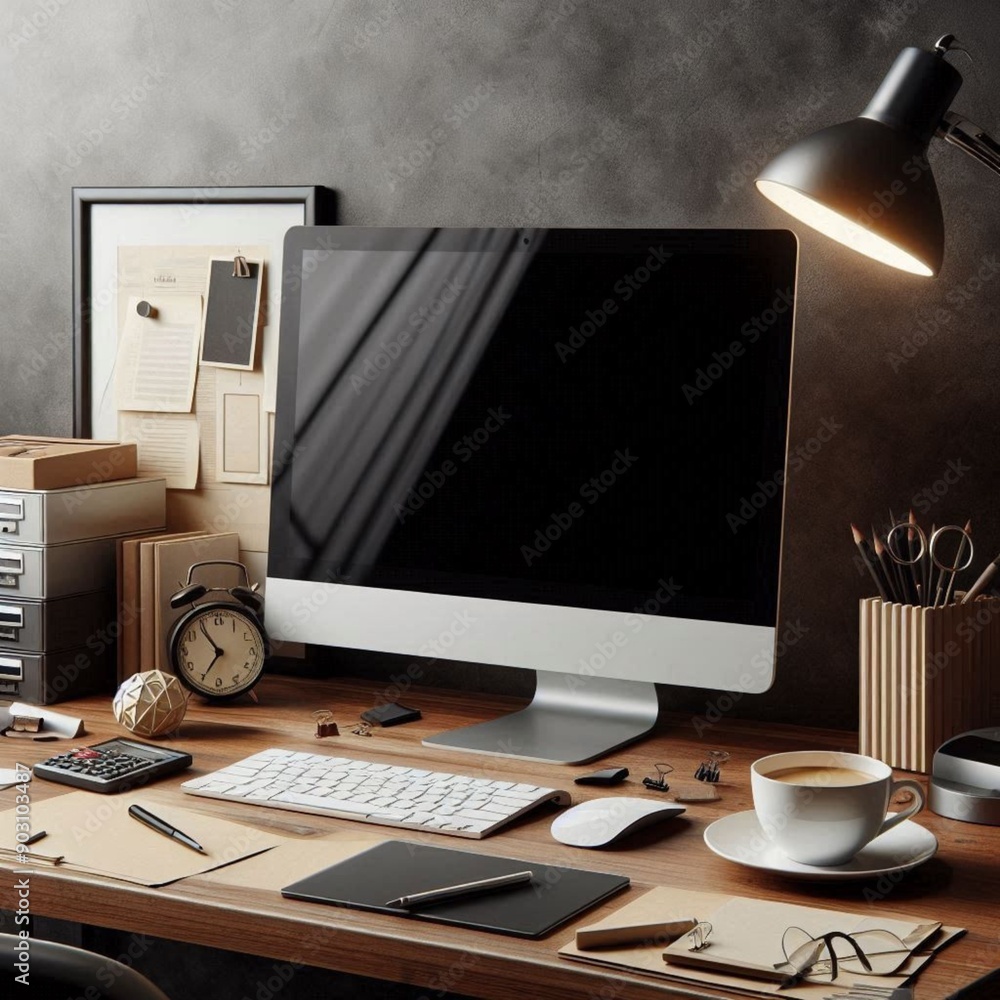 Crie um escritório com uma mesa, com um computador, lápis, café, mouse ...