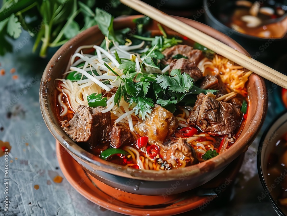 Bun Bo Hue. The most popular Vietnamese dishes. A spicy beef noodle ...